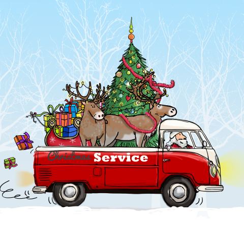 Getekende kerstkaart van vwbus pick up met kerstman