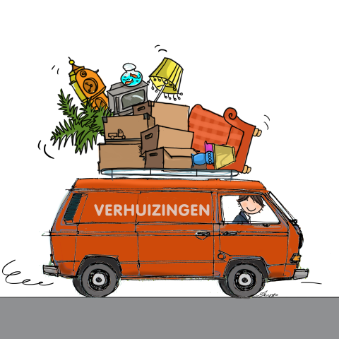 Getekende verhuiskaart van VW bus T3 oldtimer met verhuisspullen