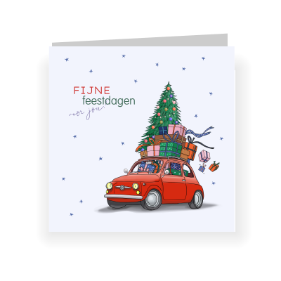 Kerstkaart rode fiat 500 met kerstboom