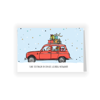 Witte getekende kerstkaart met auto renault rood