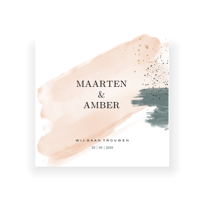 Trouwkaart met verf vegen in perzik en groen