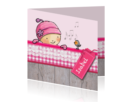 Getekend geboortekaart baby meisje met vrolijk zingend roodborstje