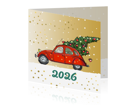 Auto kerstkaart met rode Citroen Eend 2cv