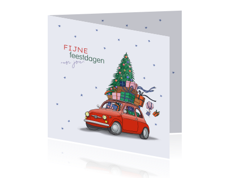 Kerstkaart rode fiat 500 met kerstboom
