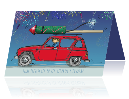 Witte getekende kerstkaart met auto Renault 4
