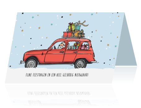 Witte getekende kerstkaart met auto renault rood