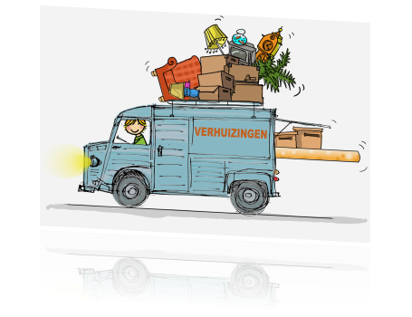 Vrolijke getekende verhuiskaart verhuis auto bus